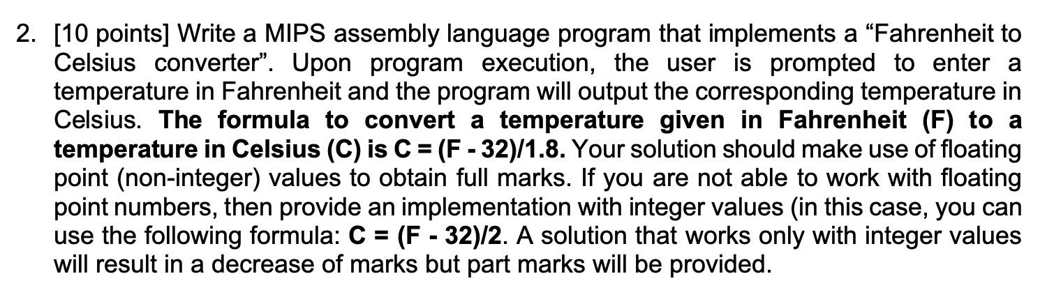 Solved 2. [10 points] Write a MIPS assembly language program | Chegg.com