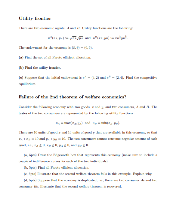 Solved Utility frontier There are two economic agents, A and | Chegg.com
