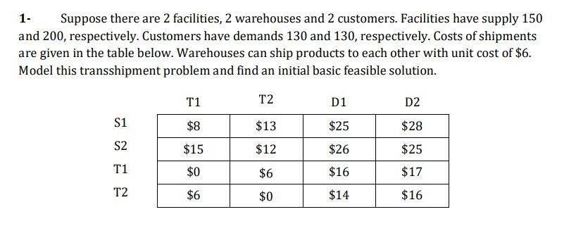 Solved 1- Suppose there are 2 facilities, 2 warehouses and 2 | Chegg.com