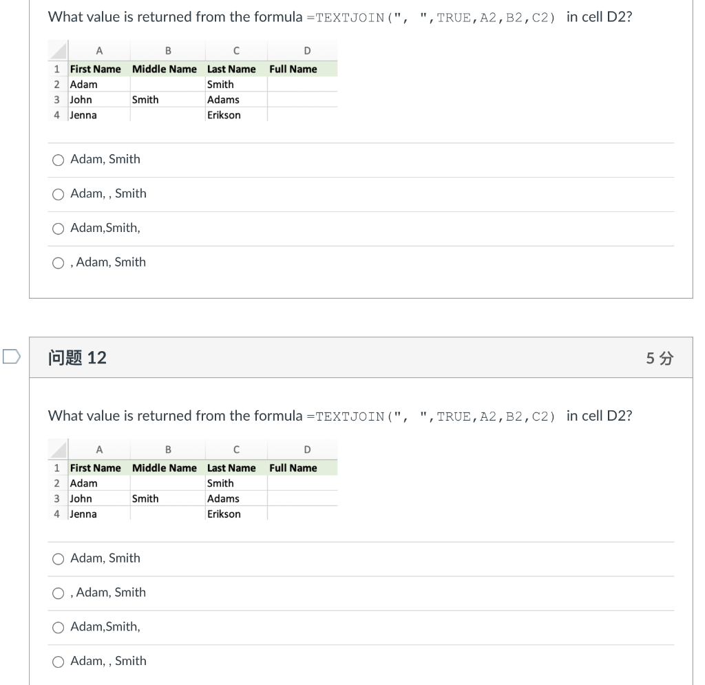Solved What value is returned from the formula =TEXTJOIN(", | Chegg.com