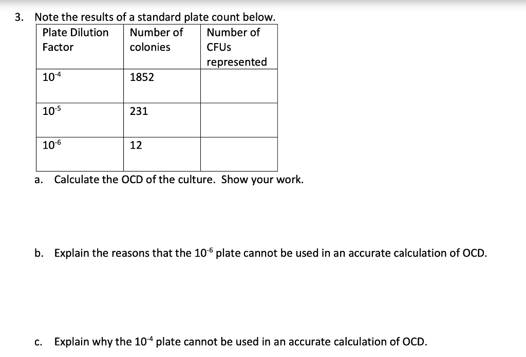Solved 3. Note the results of a standard plate count below. | Chegg.com