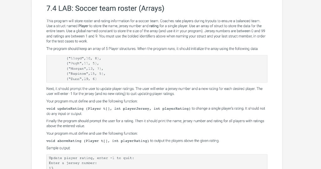 Solved 7.4 LAB: Soccer team roster (Arrays) This program | Chegg.com