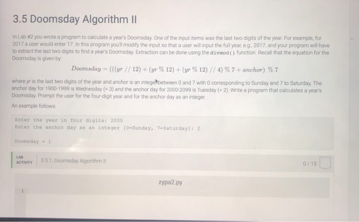 Solved 35 Doomsday Algorithm Ii In Lab 2 You Wrote A 
