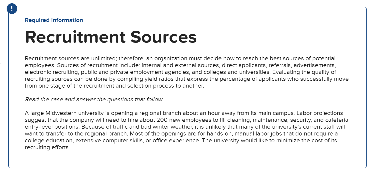 Solved ! Required information Recruitment Sources | Chegg.com