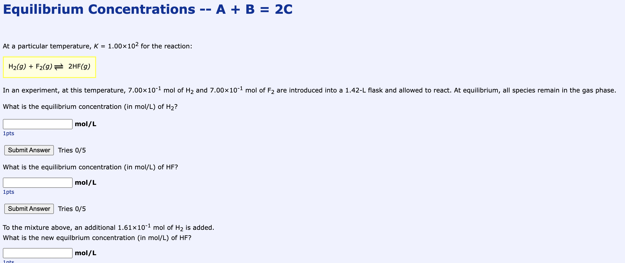 Solved Equilibrium Concentrations -- A+B=2C At a particular | Chegg.com