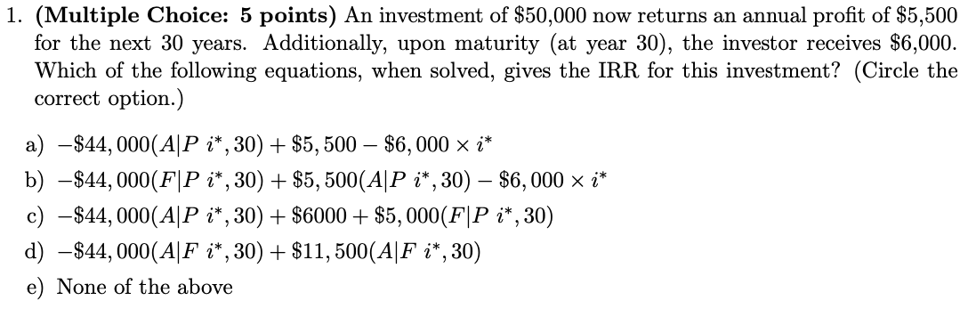 Solved 1. (Multiple Choice: 5 points) An investment of | Chegg.com