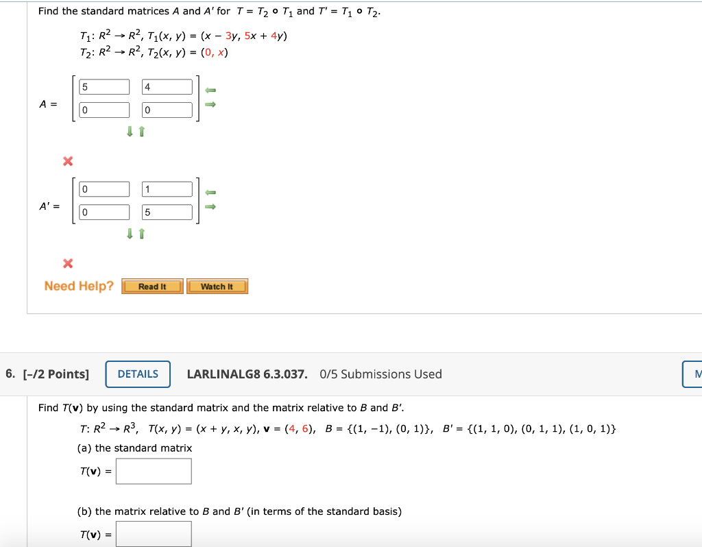 Solved Find the standard matrices A and A' for T = T2 T1 and | Chegg.com