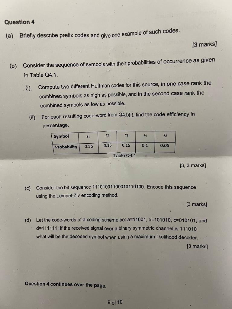 Solved Question 4 (a) Briefly describe prefix codes and give | Chegg.com