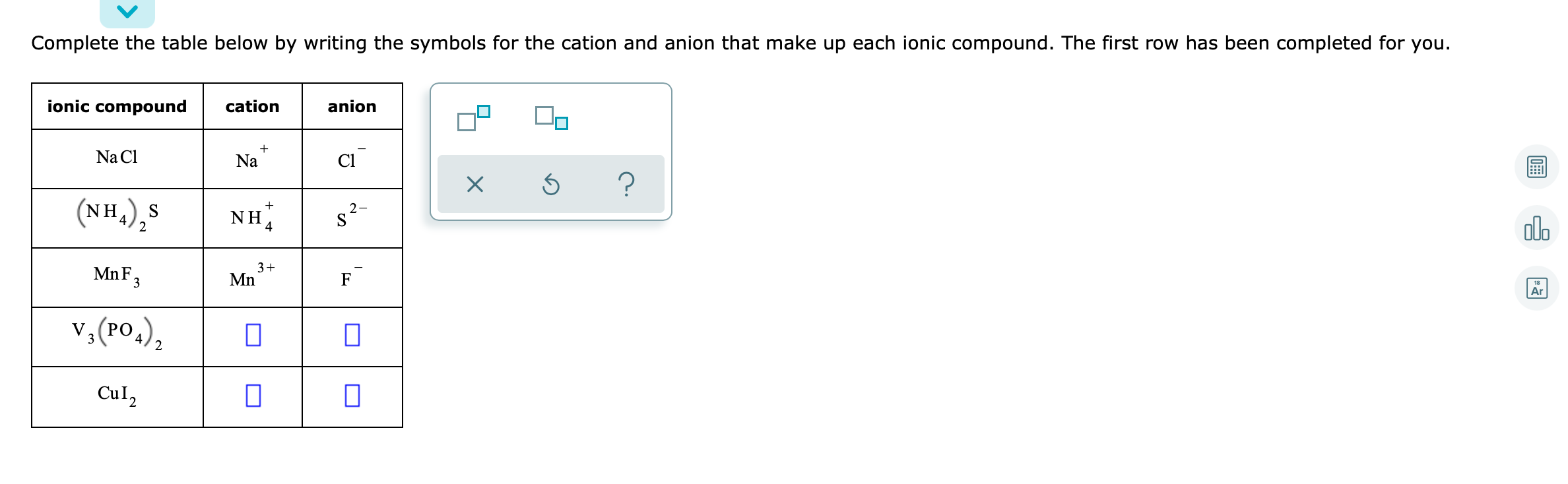 Solved Complete the table below by writing the symbols for | Chegg.com