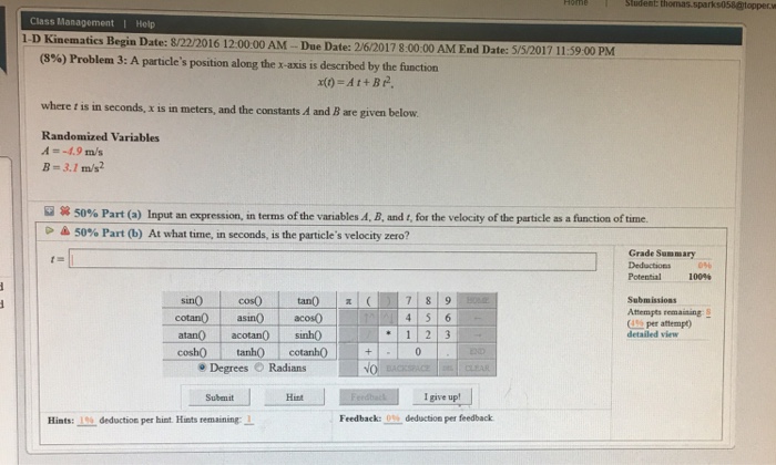 Solved Class Management I Help i-D Kinematics Begin Date: | Chegg.com