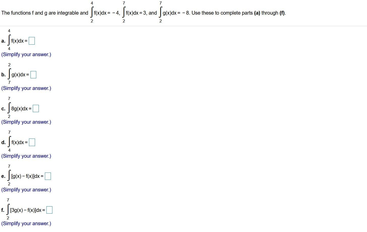 Solved 4 7 7 The functions f and g are integrable and | Chegg.com