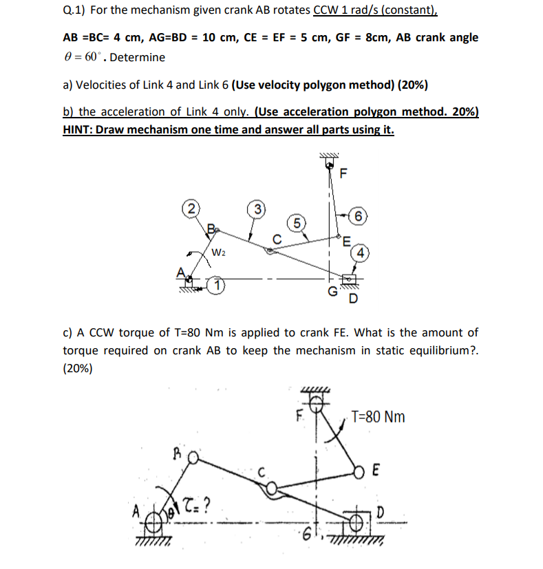 Solved Q.1) For the mechanism given crank AB rotates CCW 1 | Chegg.com
