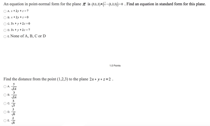 Solved An equation in point-normal form for the plane π is | Chegg.com