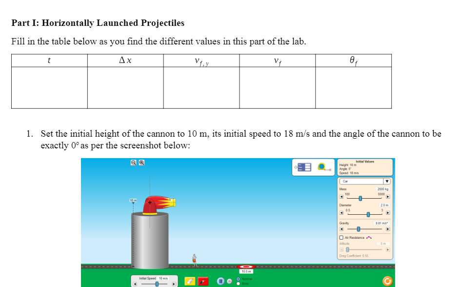 Solved Part I: Horizontally Launched Projectiles Fill in the | Chegg.com
