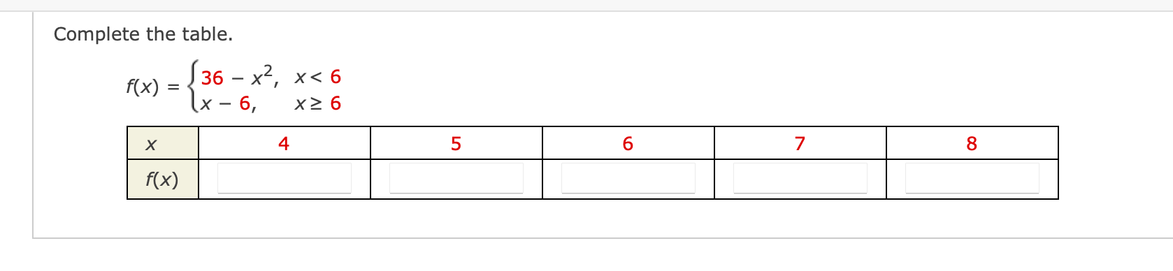 Solved Complete the table. \ 36 – x?, x