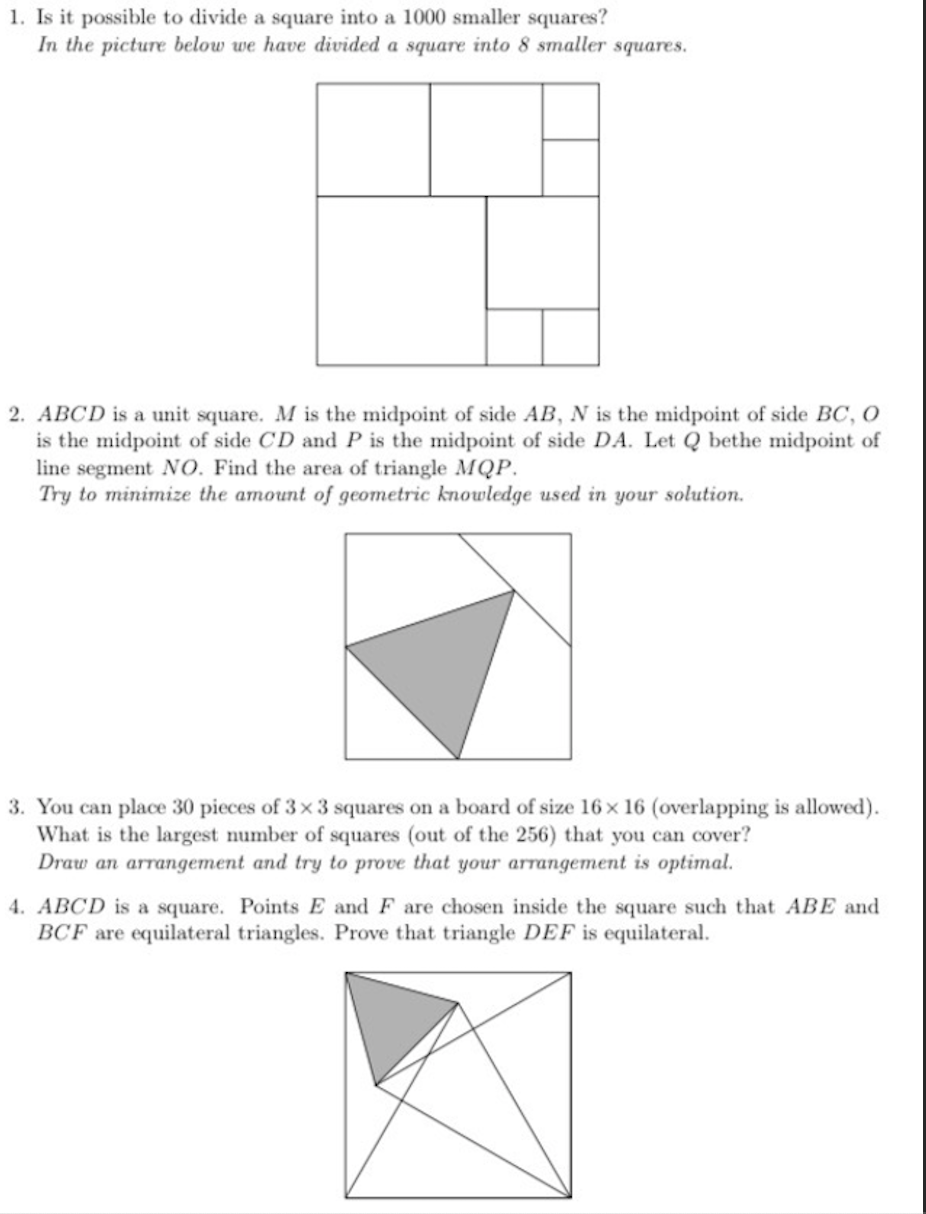 Solved 1. Is it possible to divide a square into a 1000 | Chegg.com