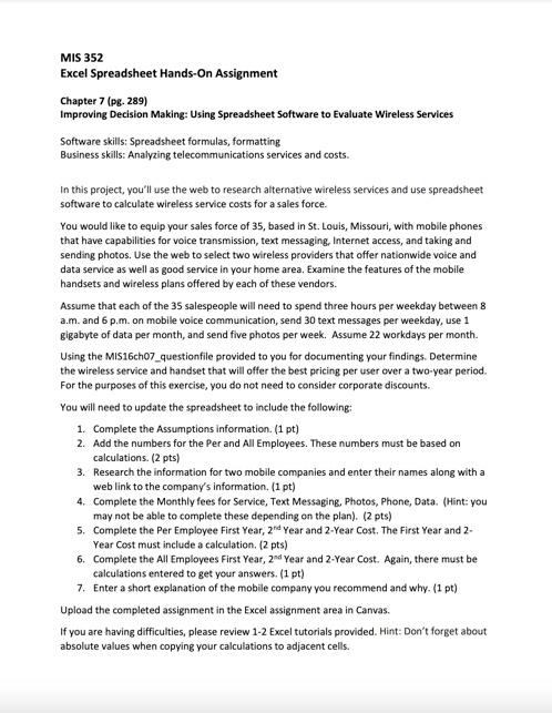 MIS 352 Excel Spreadsheet Hands-On Assignment Chapter | Chegg.com