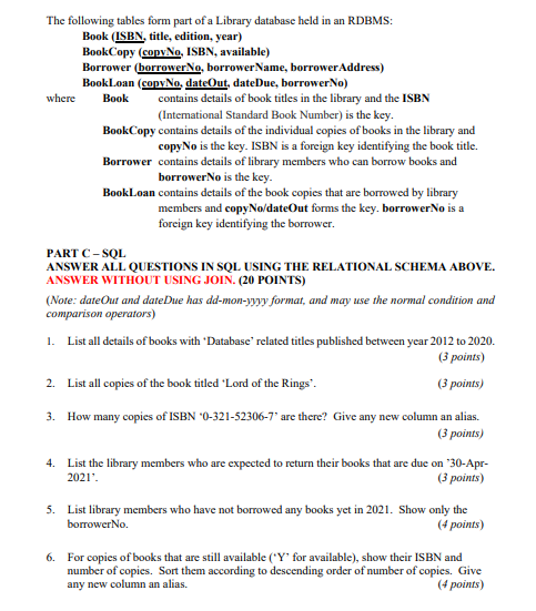 Solved The following tables form part of a Library database | Chegg.com