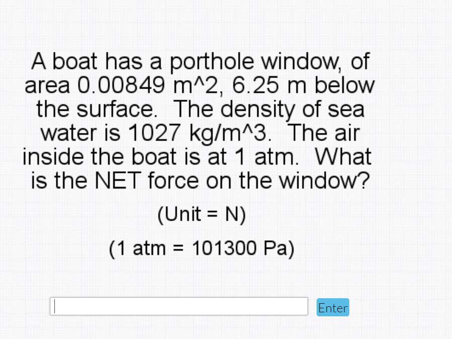 Solved A boat has a porthole window, of area 0.00849 m^2, | Chegg.com