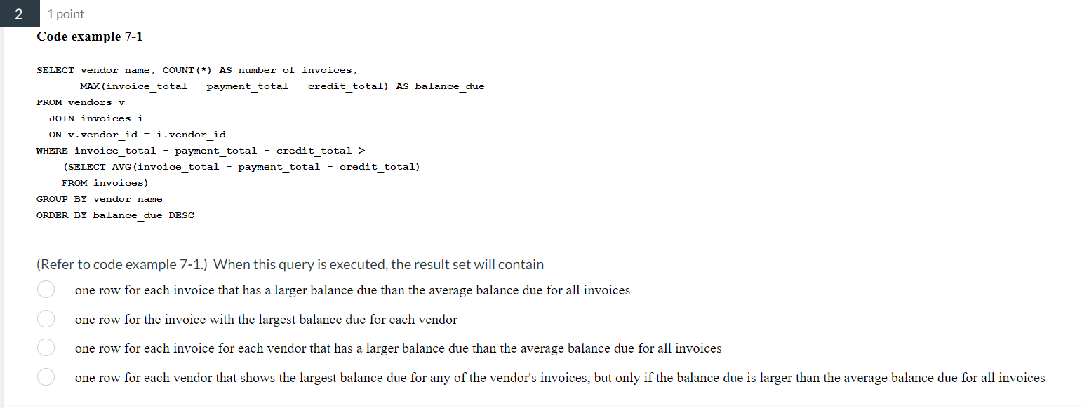 Solved 1 point Code example 7-1 SELECT vendor_name, COUNT | Chegg.com