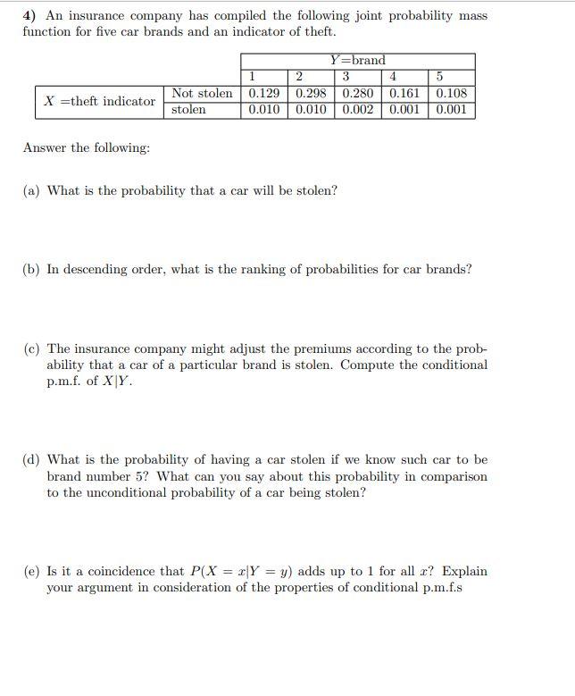 Solved 4) An insurance company has compiled the following | Chegg.com
