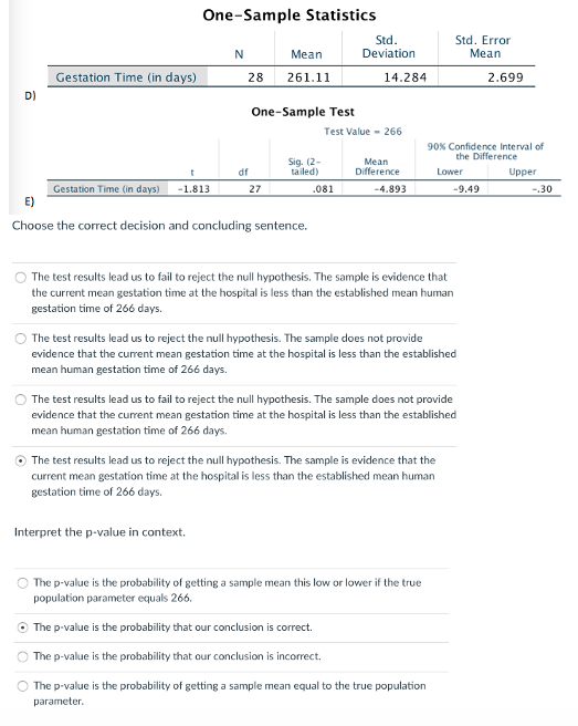 Solved One-Sample Statistics Std. N Mean Deviation Gestation | Chegg.com