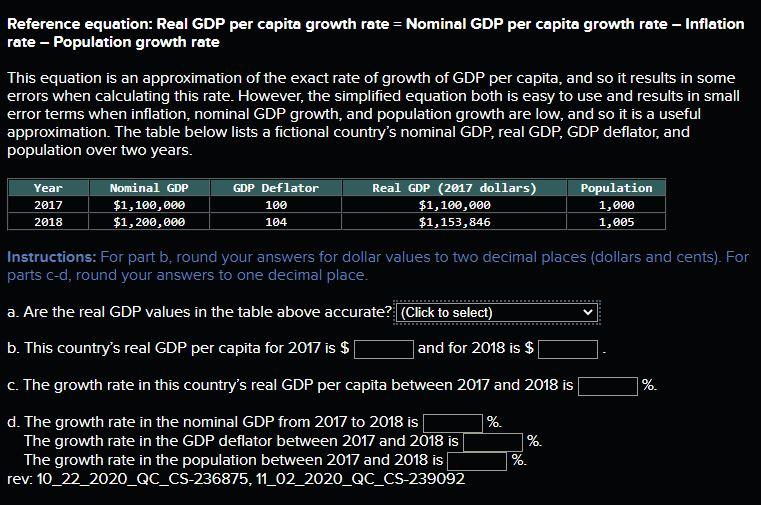 Solved Reference equation: Real GDP per capita growth rate = | Chegg.com