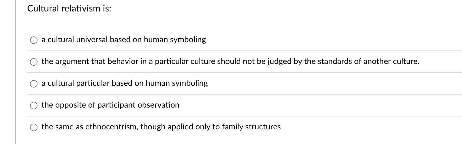 Solved Cultural relativism is: a cultural universal based on | Chegg.com