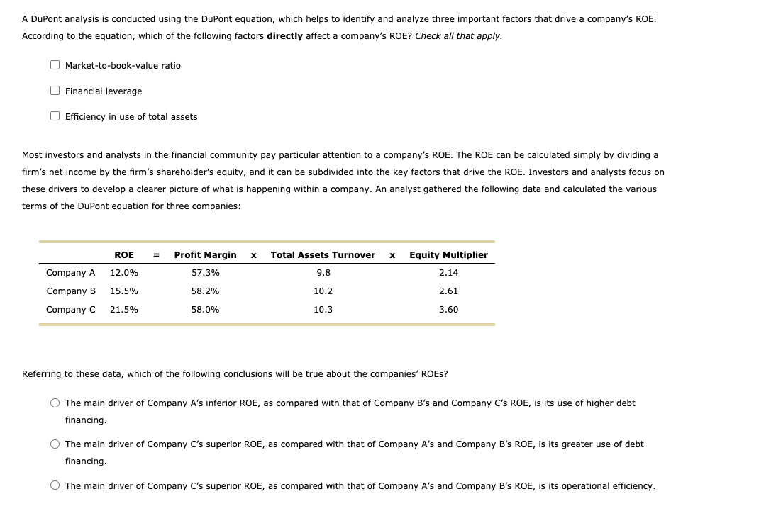 Solved A DuPont analysis is conducted using the DuPont | Chegg.com