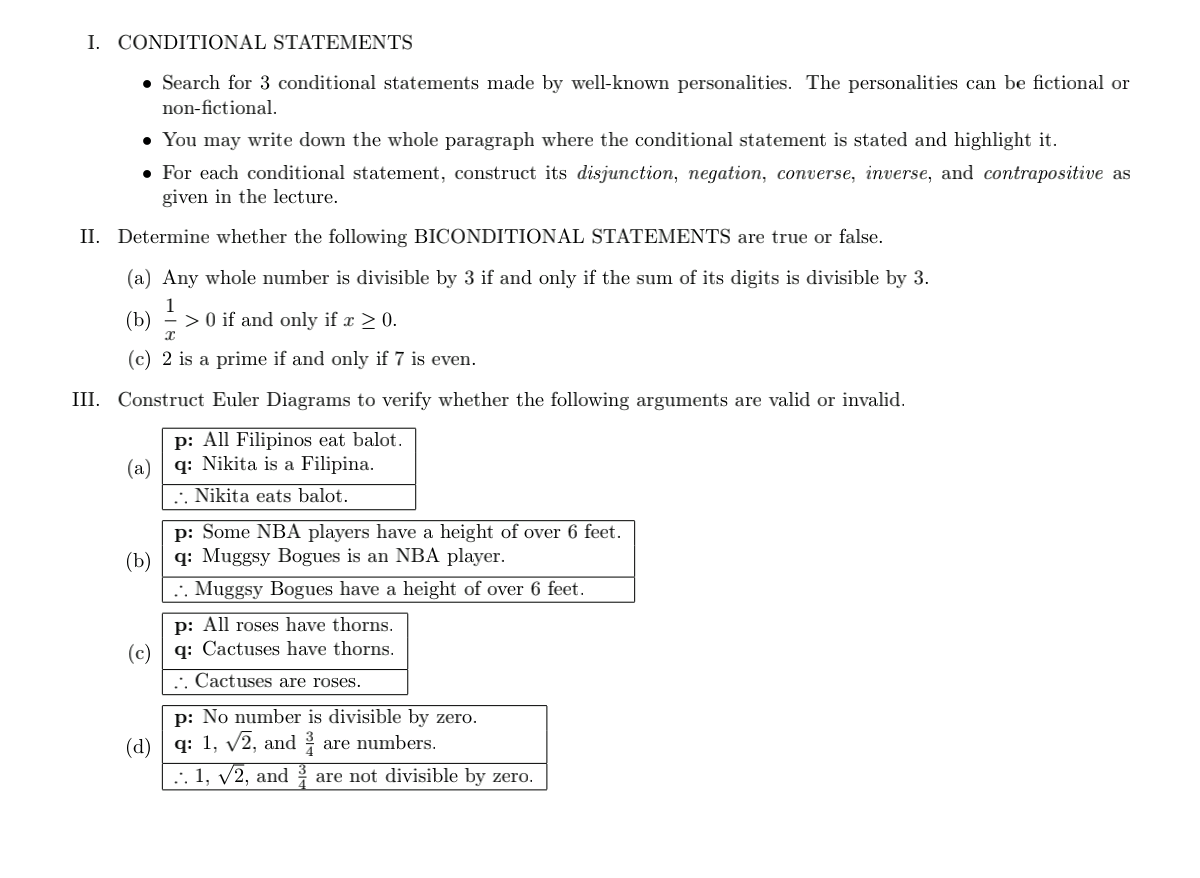 Solved I. CONDITIONAL STATEMENTS • Search for 3 conditional | Chegg.com
