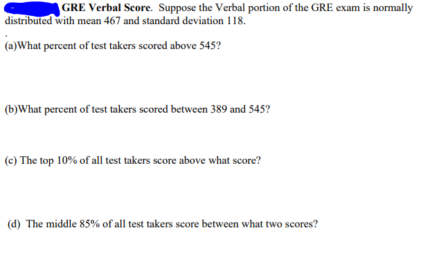 Solved GRE Verbal Score. Suppose the Verbal portion of the | Chegg.com