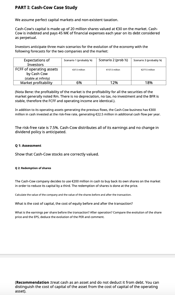 Solved PART I: Cash-Cow Case Study We assume perfect capital | Chegg.com