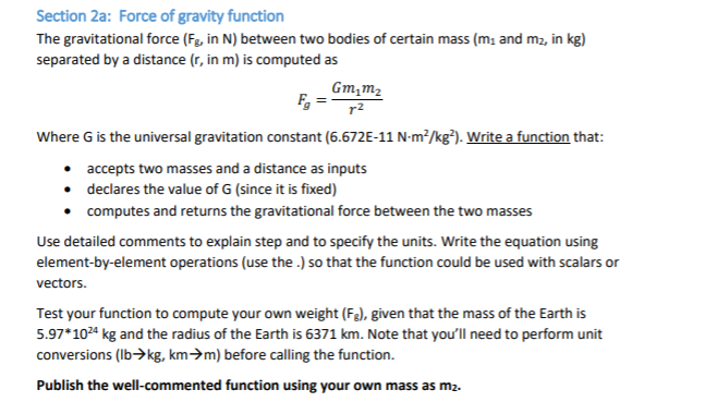 Solved Section 2a: Force of gravity function The | Chegg.com