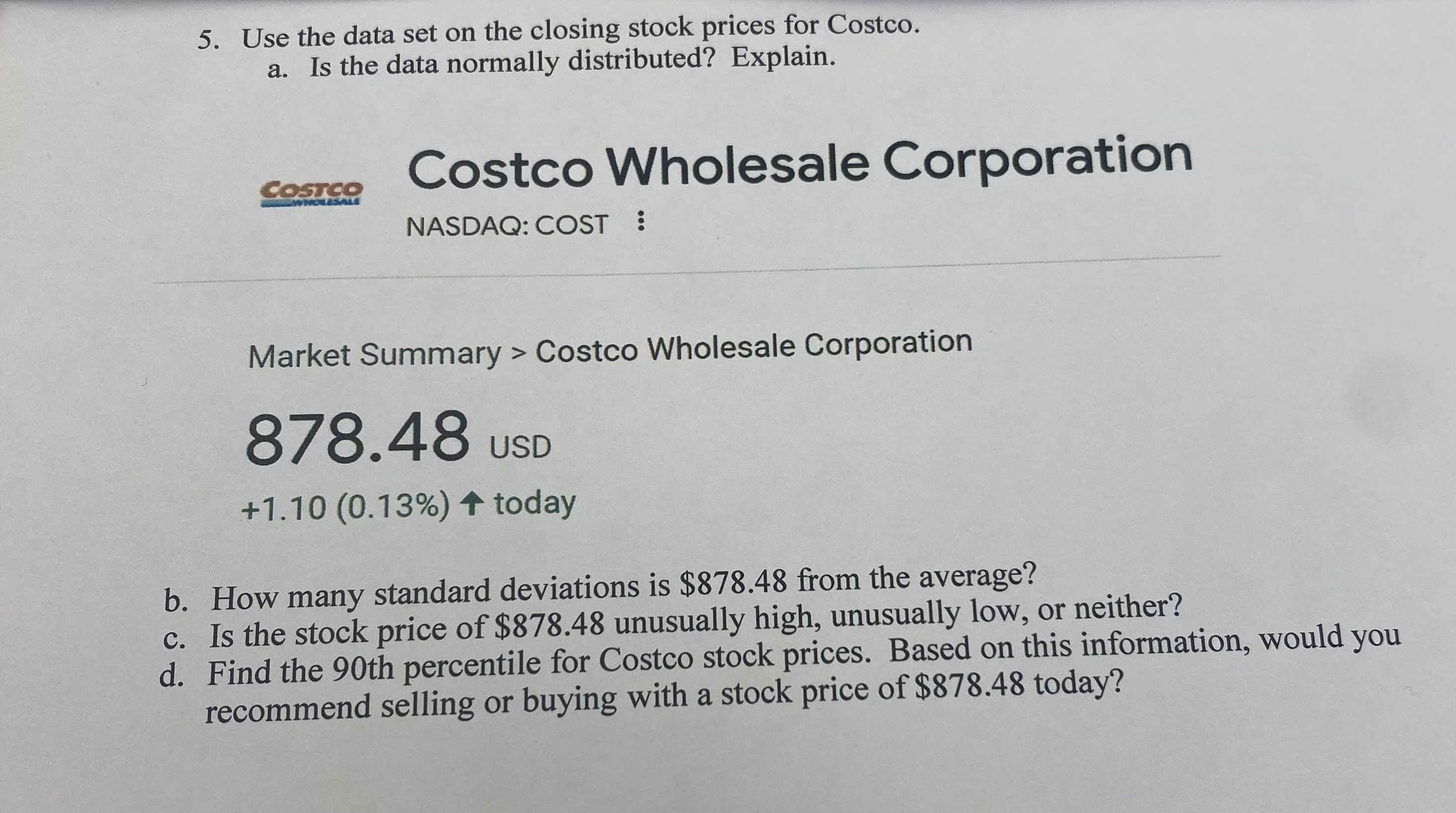 Solved Market Summary > ﻿Costco Wholesale Corporation878.48 | Chegg.com