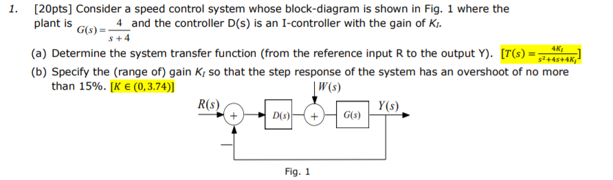 Solved 4K; 1. [20pts] Consider a speed control system whose | Chegg.com