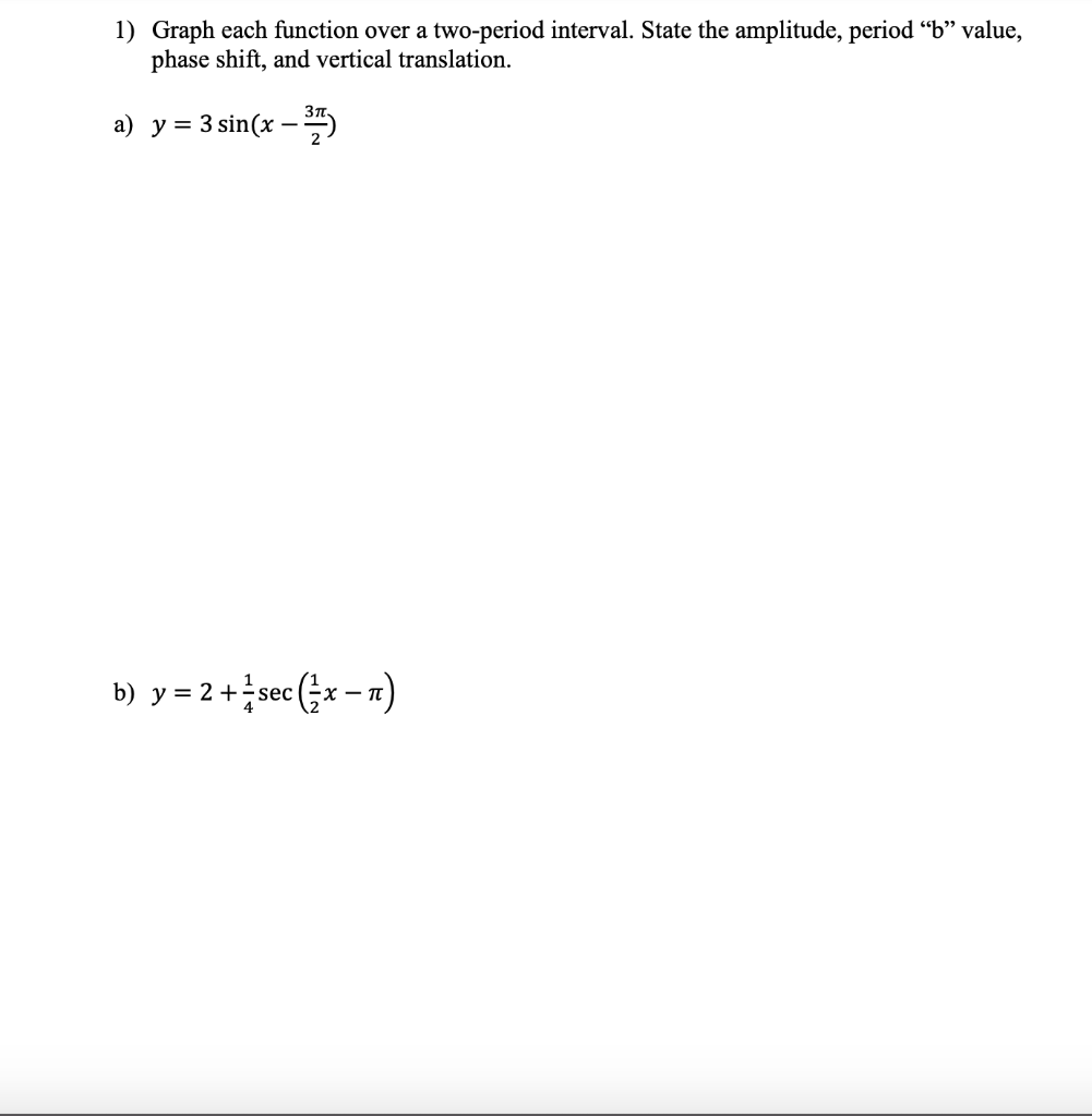 Solved 1) Graph each function over a two-period interval. | Chegg.com