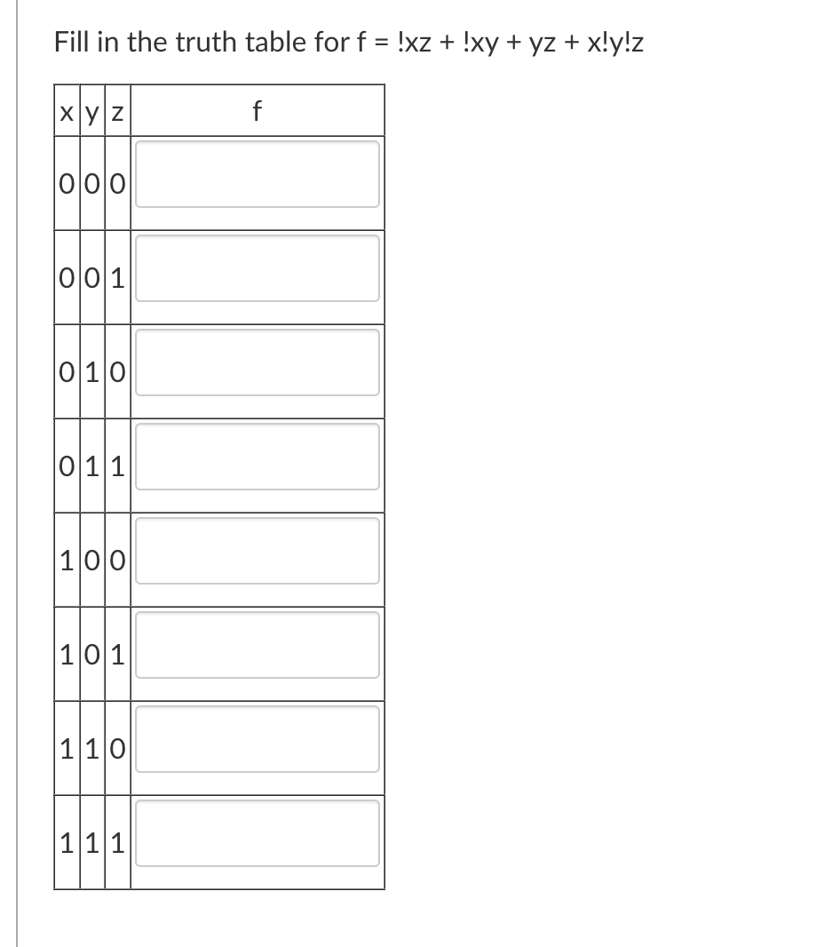 Solved Fill in the truth table for f=!xz+!xy+yz+x!y!z | Chegg.com