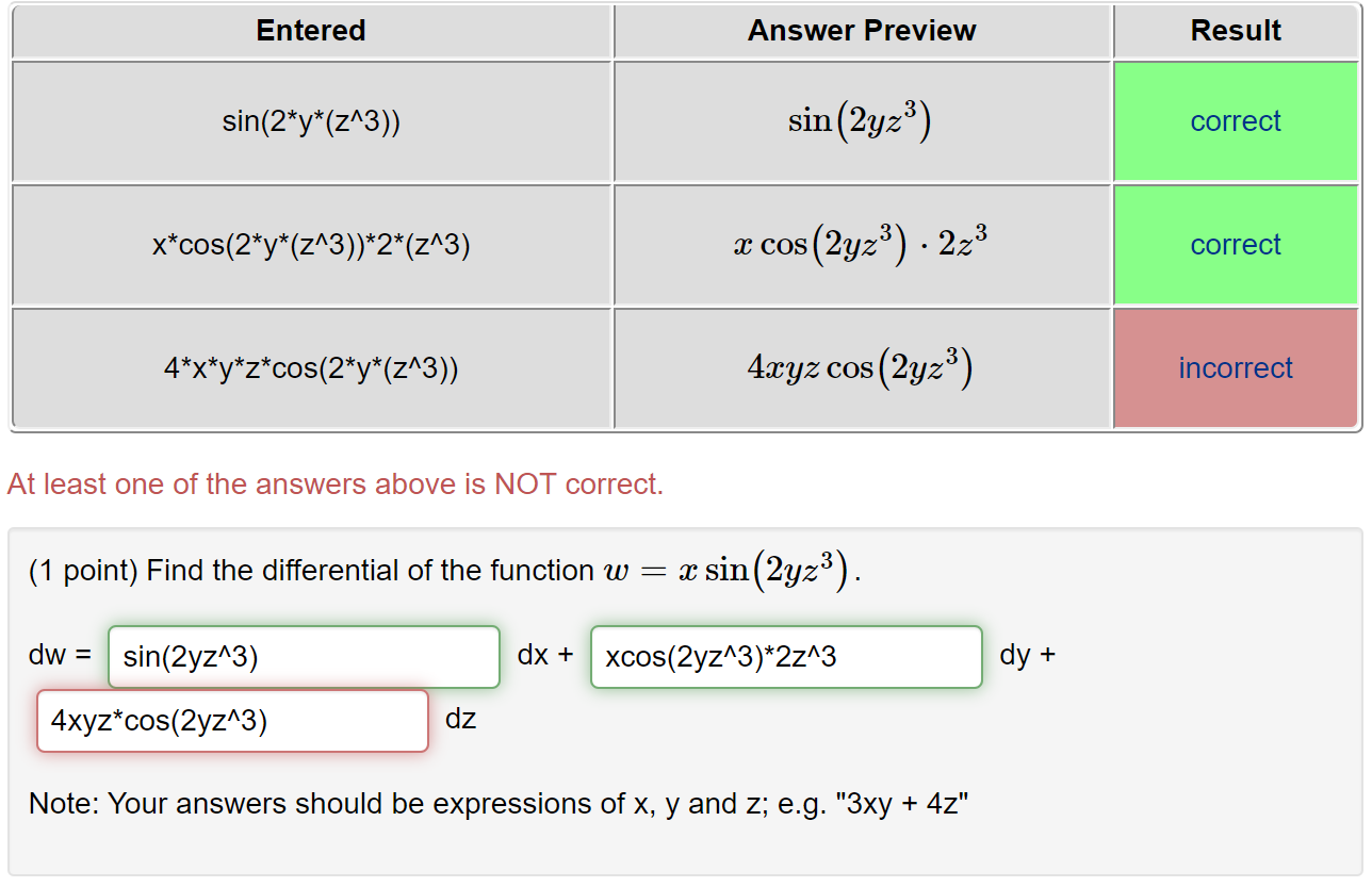 Solved Entered Answer Preview Result sin(2yz*) | Chegg.com