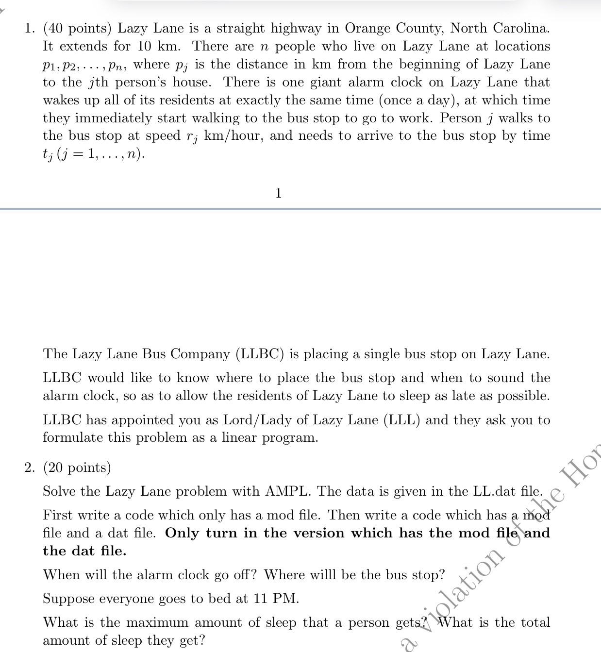 Solved 1. (40 points) Lazy Lane is a straight highway in | Chegg.com