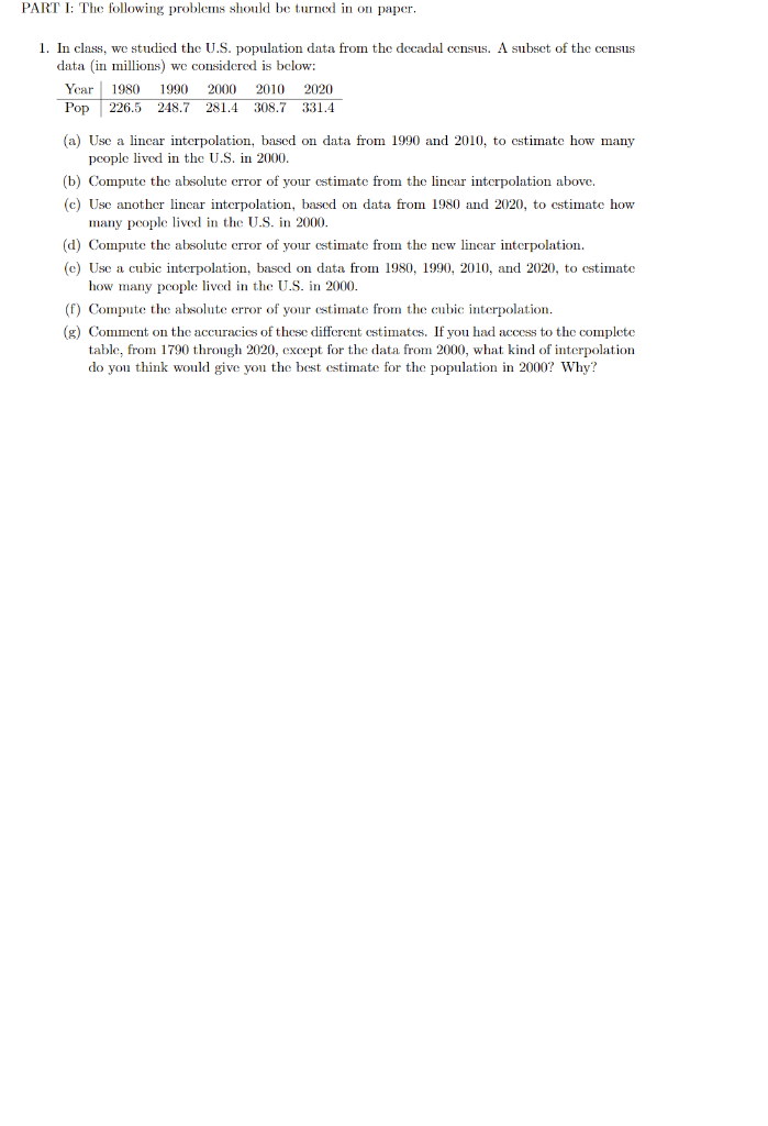 Solved PART 1: The following problems should be turned in on | Chegg.com