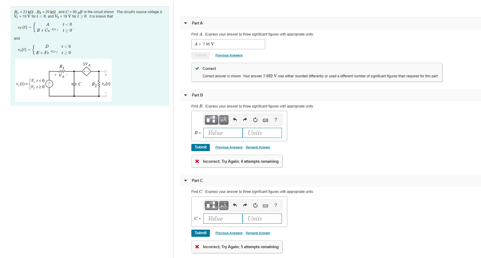 Solved R1 = 23 k22, R2 = 20 kN, and C = 60 F in the circuit | Chegg.com