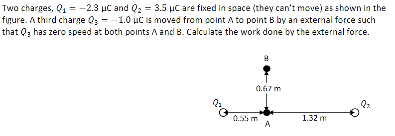 Solved Two charges, Q1 = -2.3 uC and Q2 = 3.5 uC are fixed | Chegg.com