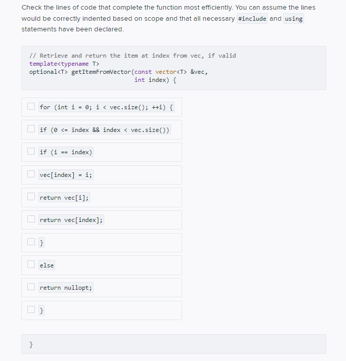 Solved Check the lines of code that complete the function | Chegg.com