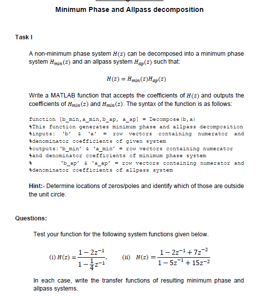 Solved Minimum Phase and Allpass decomposition Task A | Chegg.com