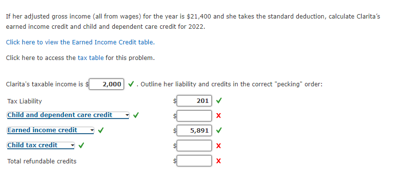 Solved Earned Income Credit, Child and Dependent Care Credit | Chegg.com