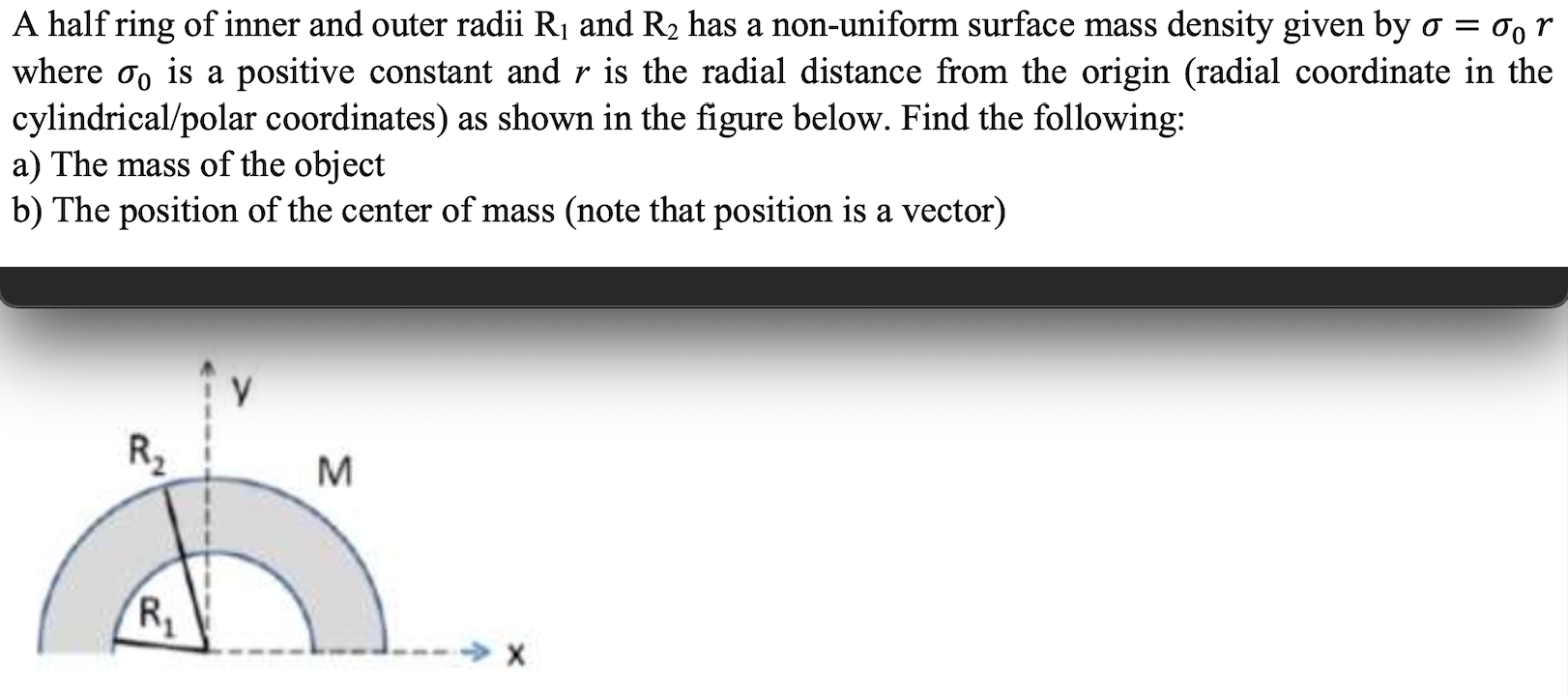 Solved A half ring of inner and outer radii R1 ﻿and R2 ﻿has | Chegg.com