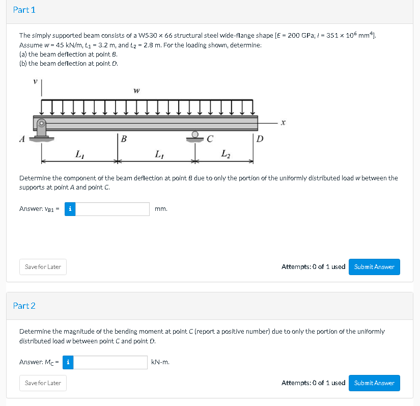 Solved Part 1 The simply supported beam consists of a W530 x | Chegg.com