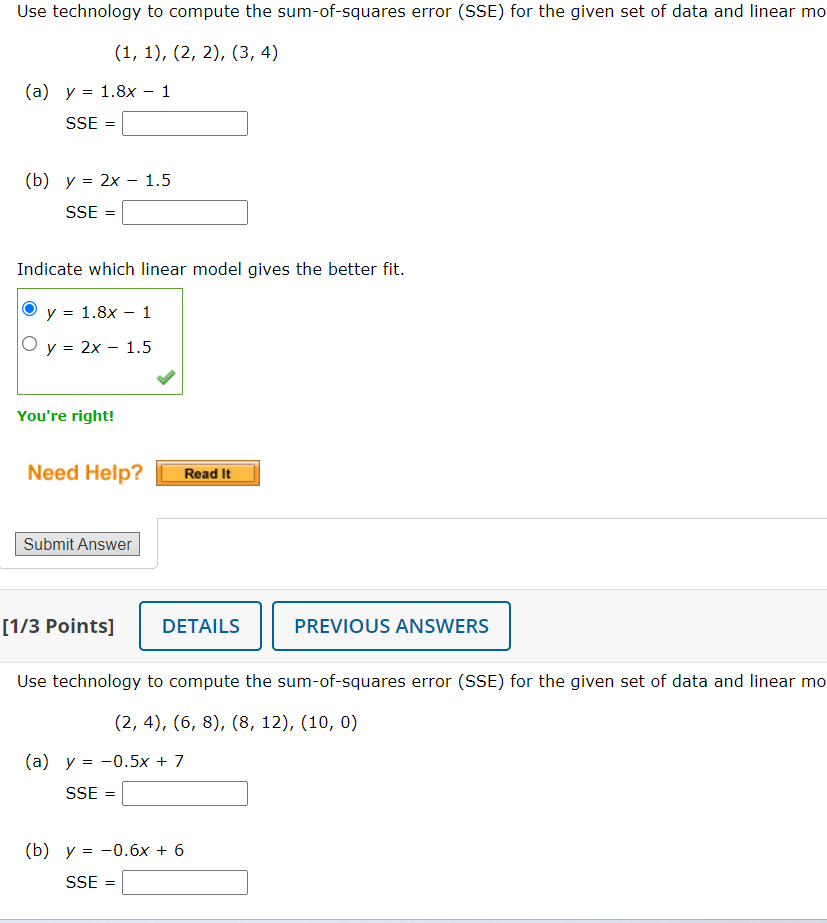 Solved (1,1),(2,2),(3,4) (a) y=1.8x−1 SSE = (b) y=2x−1.5 SSE | Chegg.com