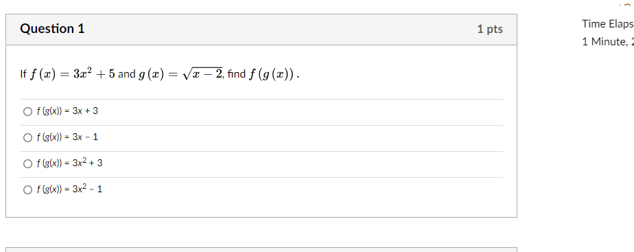 Solved Question 1 If f(x)=3x2+5 and g(x)=x−2, find f(g(x)). | Chegg.com