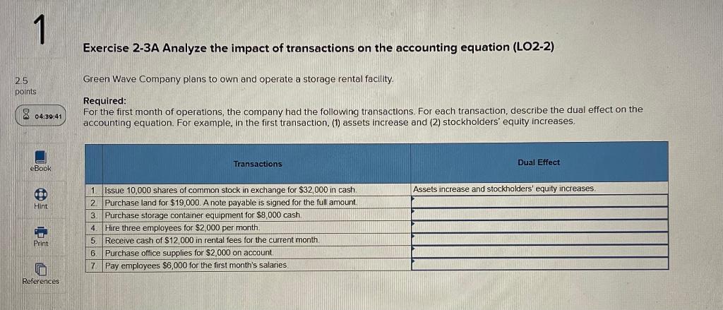Solved 1 Exercise 2-3A Analyze the impact of transactions on | Chegg.com Solved 1 Exercise 2-3A Analyze the impact of transactions on | Chegg.com